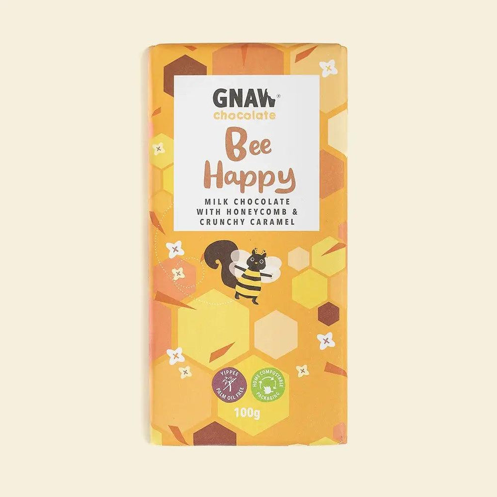 Bee Happy Milk Chocolate Bar | Honeycomb & Caramel | GNAW